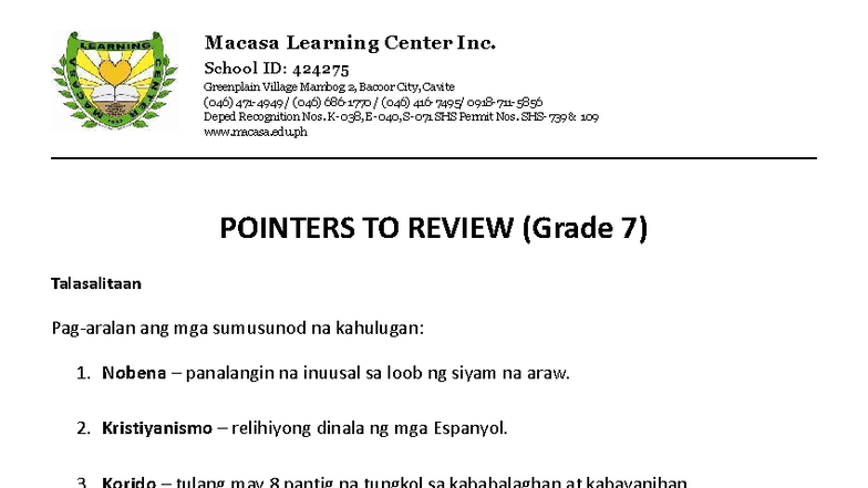 Pointers to Review in Filipino (Grade 7) - Macasa Learning Center - Studocu