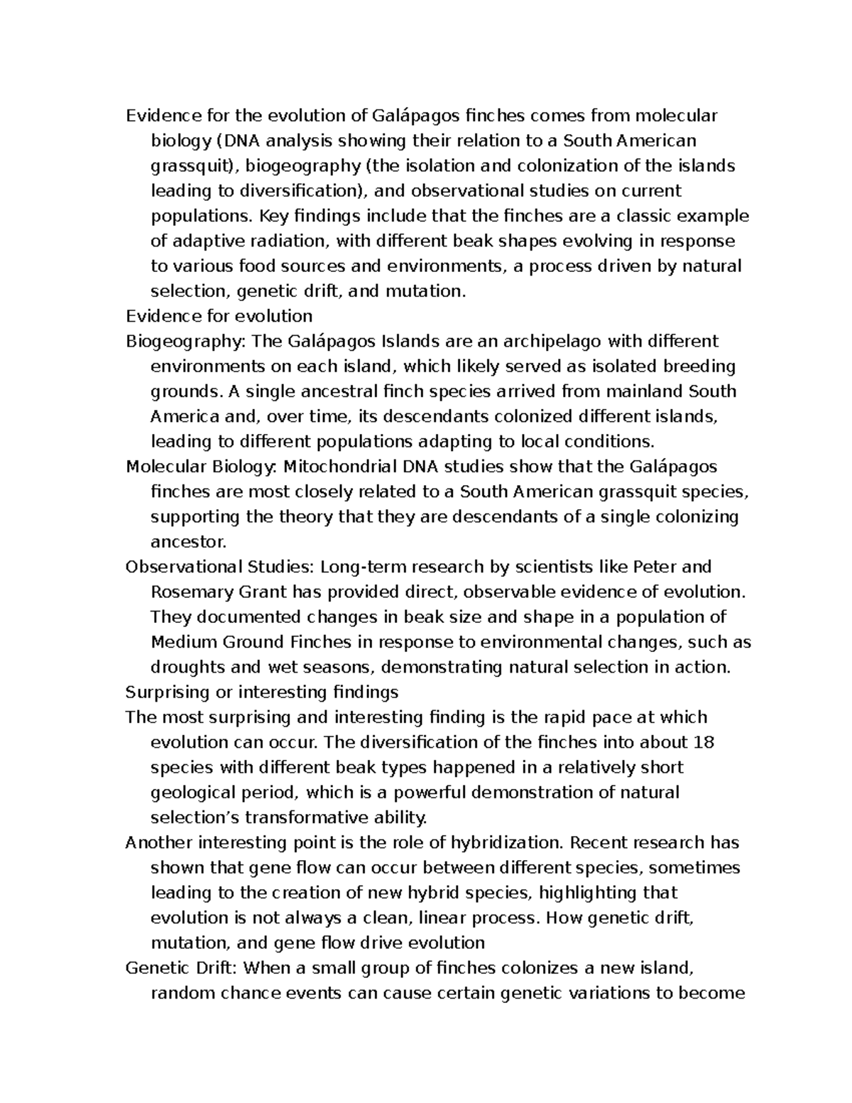 Biology 101: Learning Journal on Galápagos Finches Evolution - Studocu