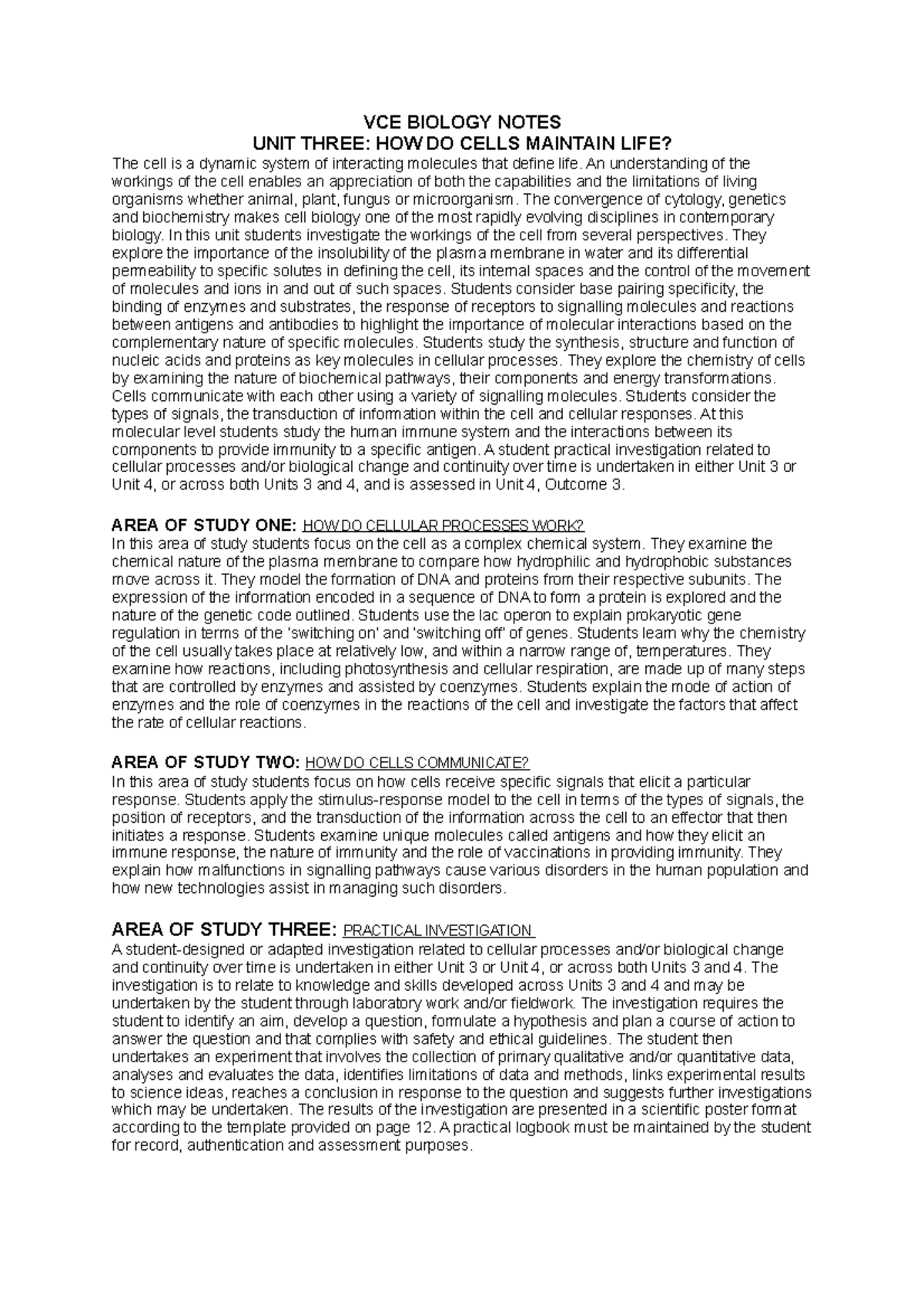 VCE Biology Unit 3: Cellular Processes and Communication Notes - Studocu