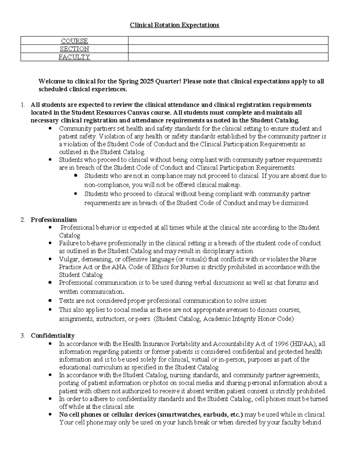 Clinical Expectations Spring 2025 - Clinical Rotation Expectations ...