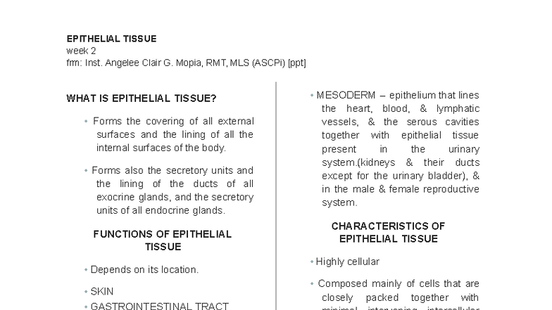 EPITHELIAL TISSUE: Week 2 Review for Histology Course - Studocu