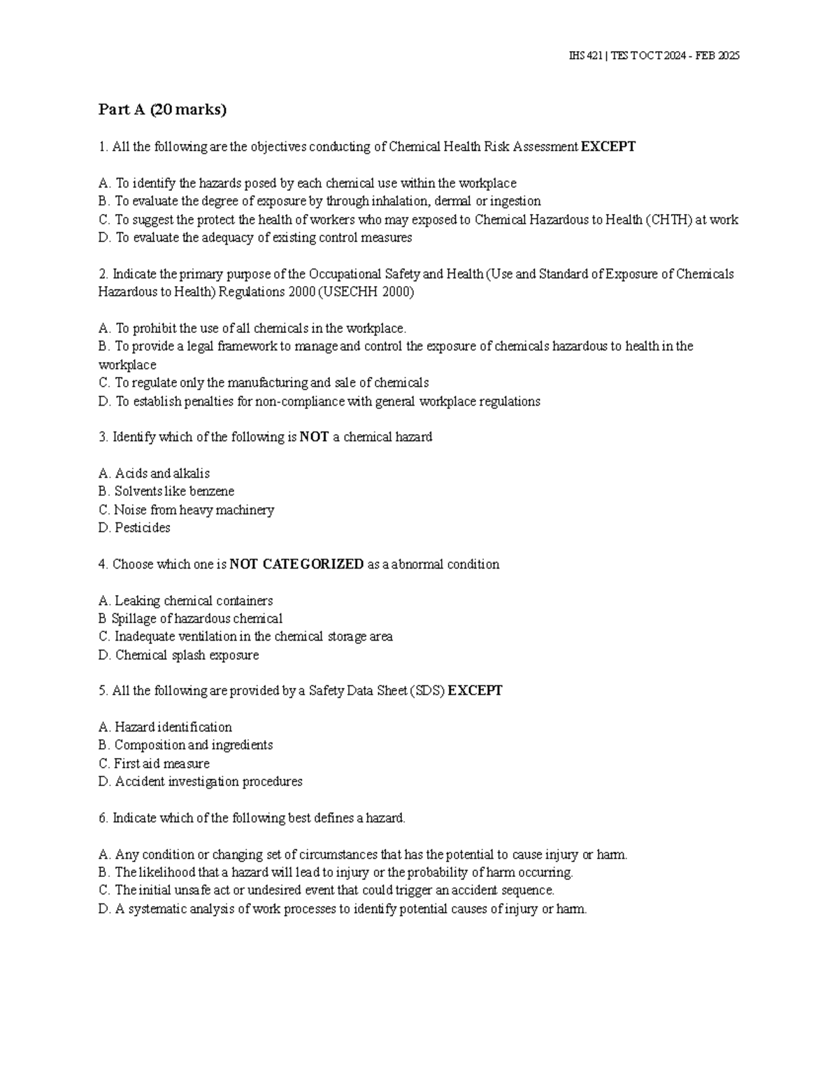 IHS421 TEST (OCT 2024 - FEB 2025) - Chemical Health Risk Assessment ...