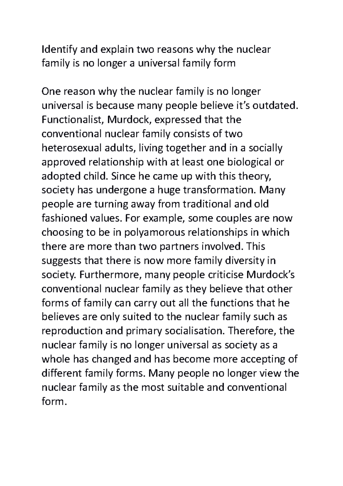 Sociology Essay: Reasons for Decline of Nuclear Family Form - Studocu