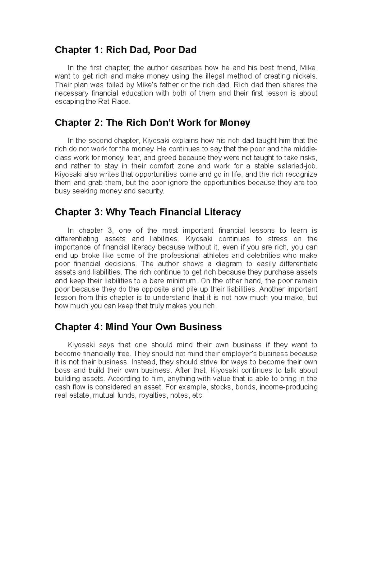 Chapter Review in finance - Chapter 1: Rich Dad, Poor Dad In the first ...