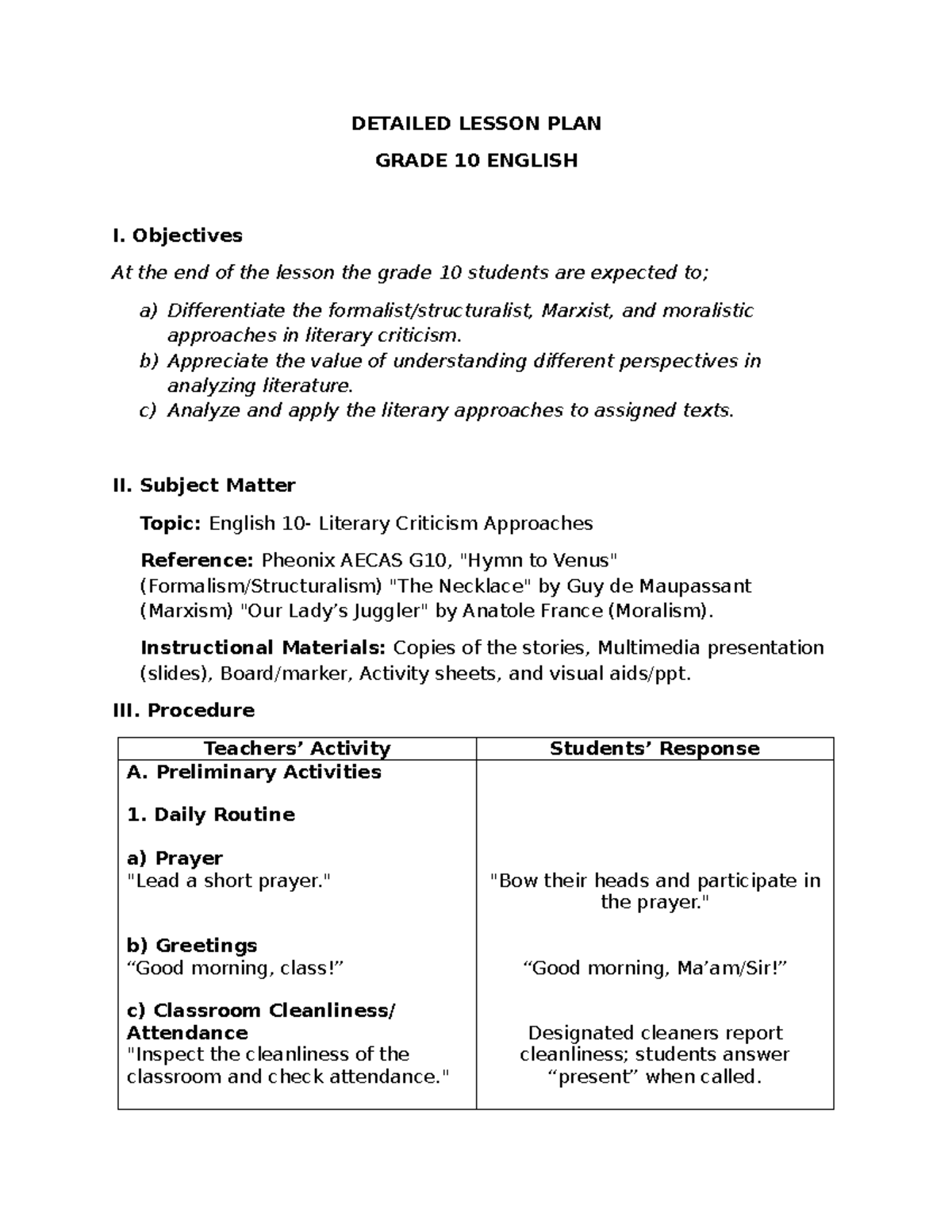 EL10 Detailed Lesson Plan on Literary Criticism Approaches - Studocu