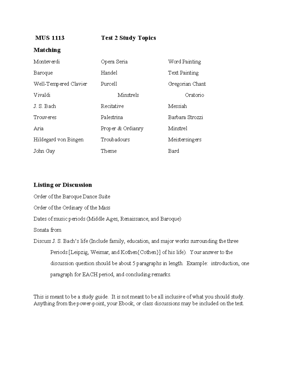MUS 1113 Test 2 Study Guide: Key Topics & Discussion Points - Studocu