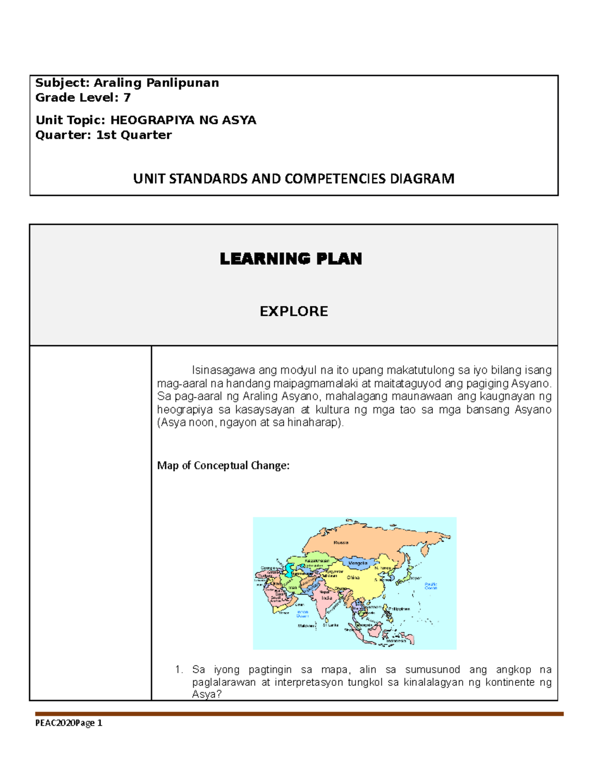 Learning Plan-AP 7 Geography of Asia for 1st Quarter - Studocu