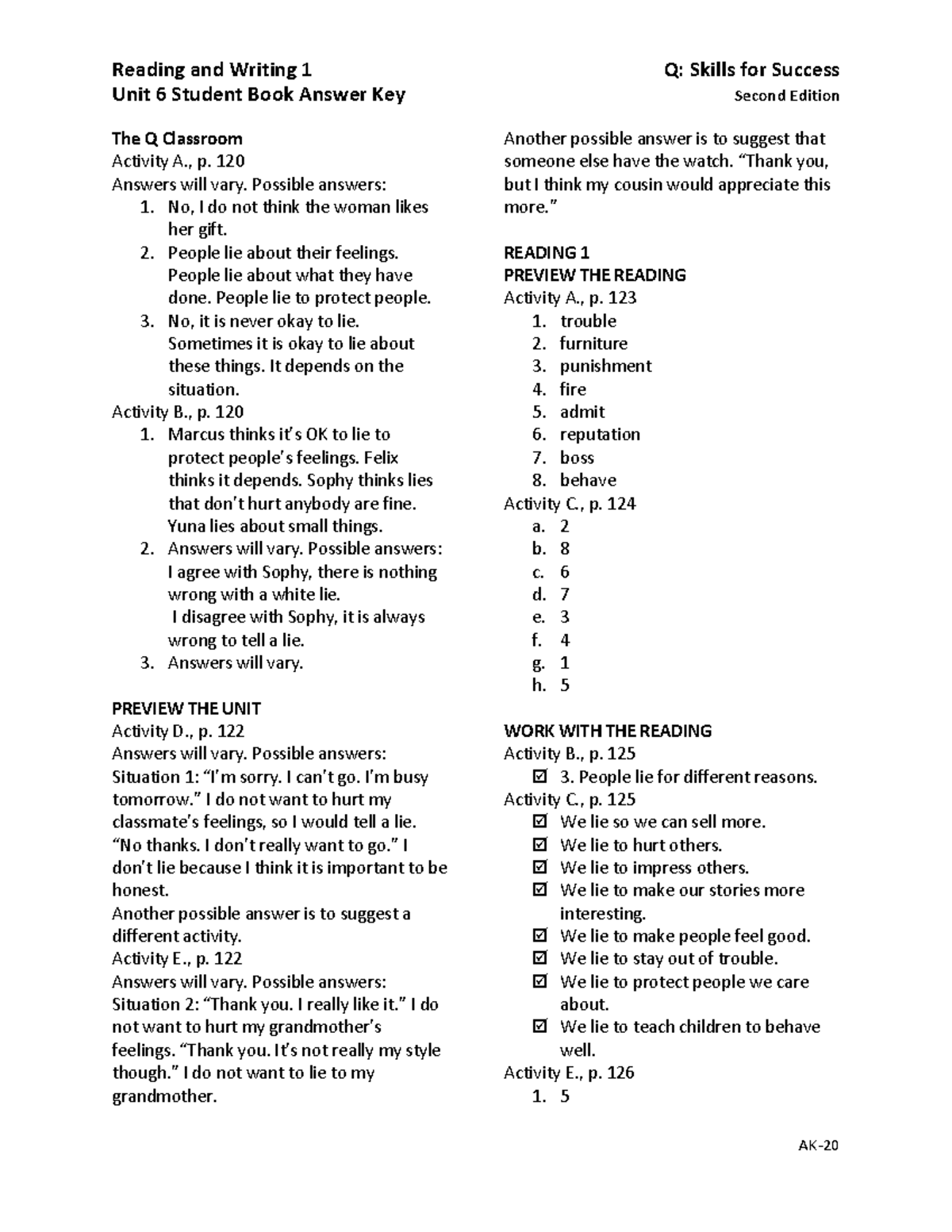 395297353 RW1 U06 Answer Key: Reading & Writing 1 Unit 6 - Studocu