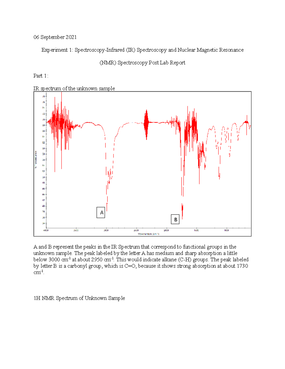 Post Lab Report 1: IR & NMR Spectroscopy Analysis of Unknown Sample ...