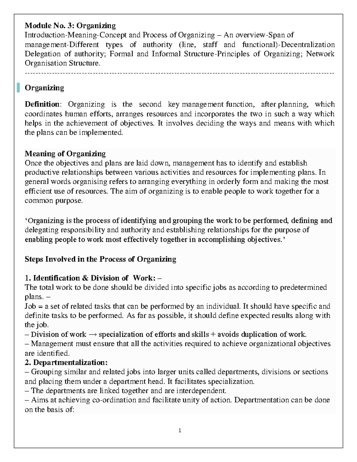 Module No 3 organising - notes - Module No. 3: Organizing Introduction ...