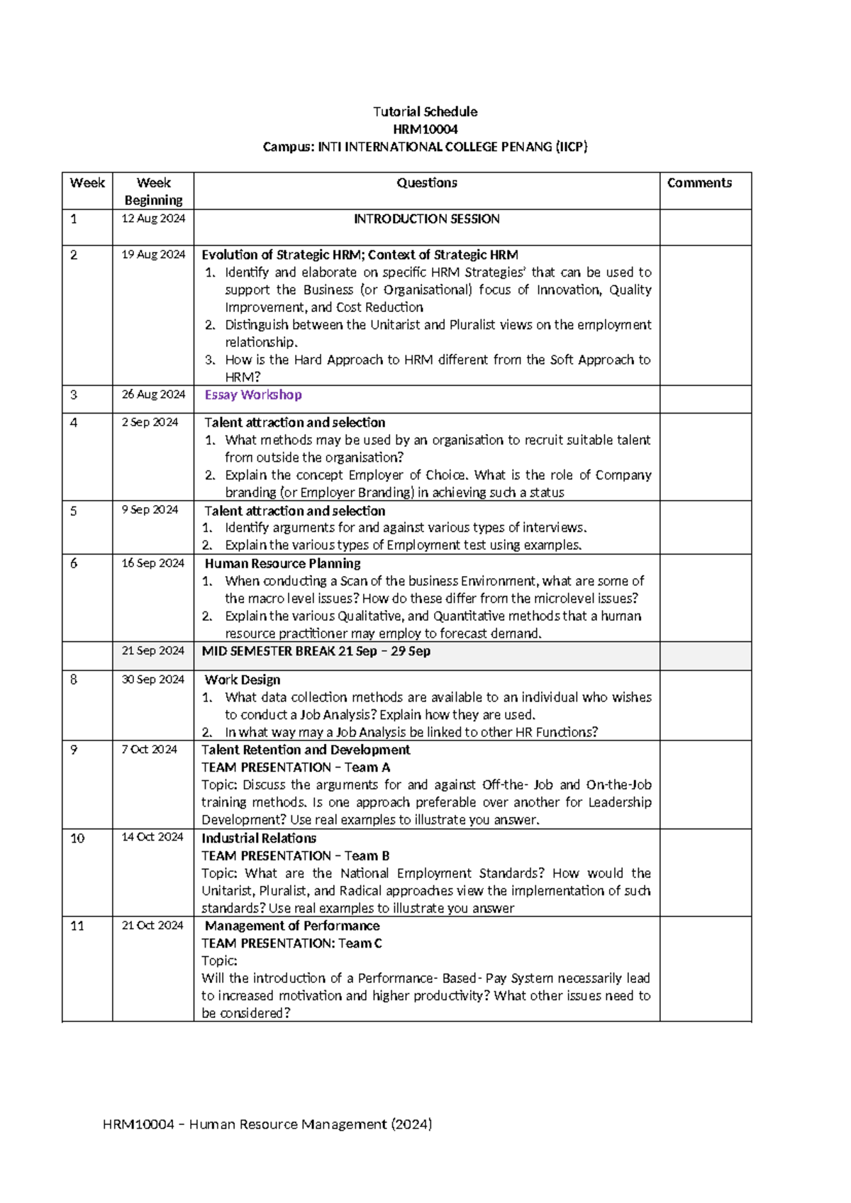 HRM10004 (Tutorial Questions) 2024 IICP - Tutorial Schedule HRM Campus ...