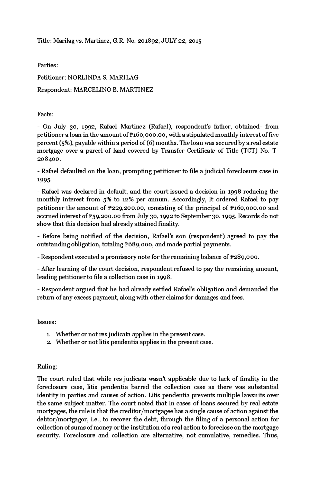 Marilag vs. Martinez Case Digest (G.R. No. 201892) Analysis - Studocu