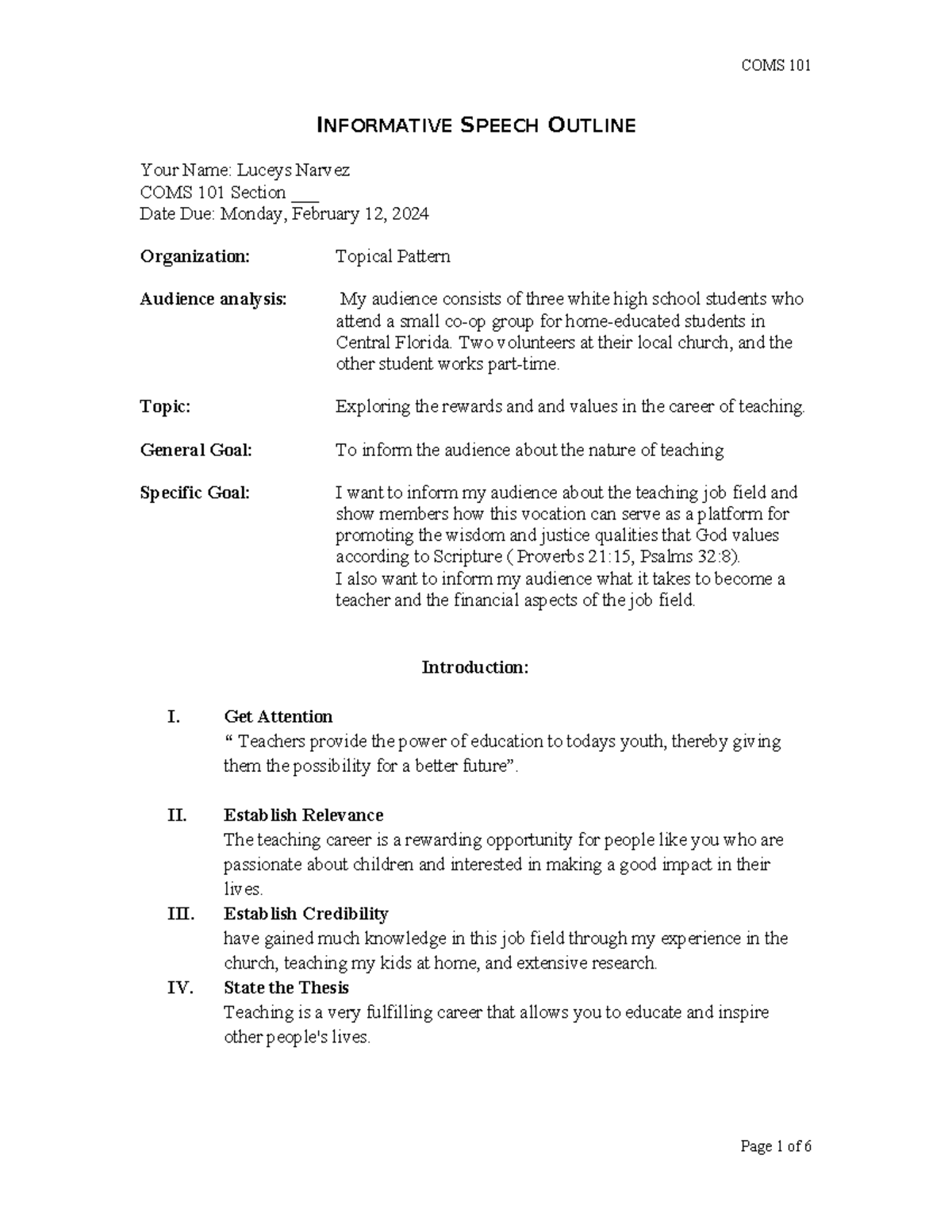 COMS 101 Informative Speech Outline on Teaching Career Values - Studocu