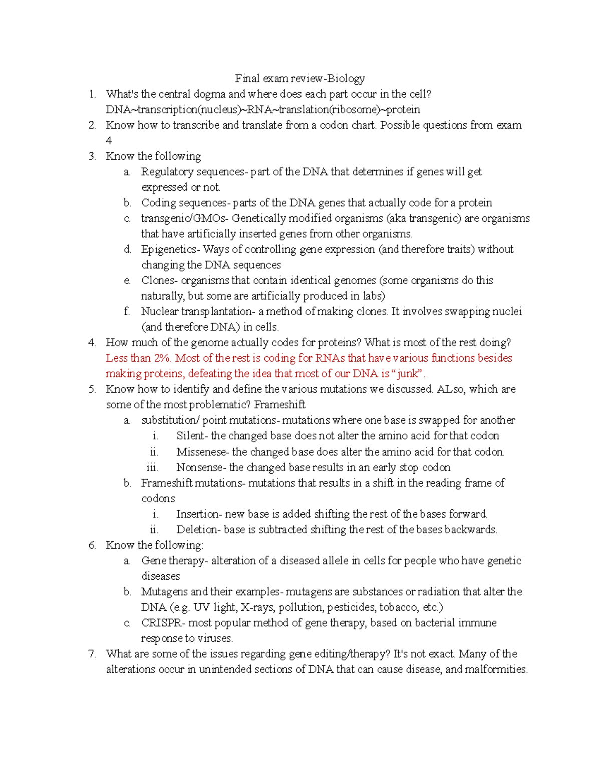 Final Exam Review: Central Dogma & Gene Expression (Biology 101) - Studocu