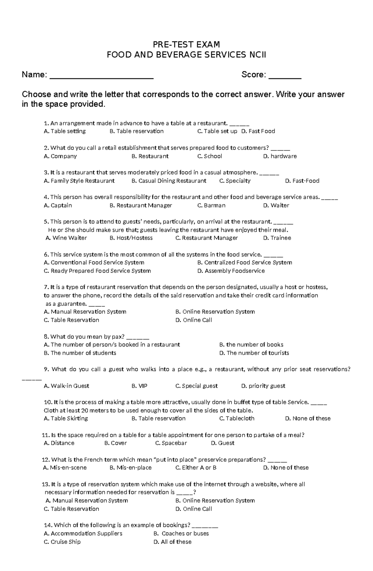 Pre and Post Test for Food and Beverage Services NC II - Studocu