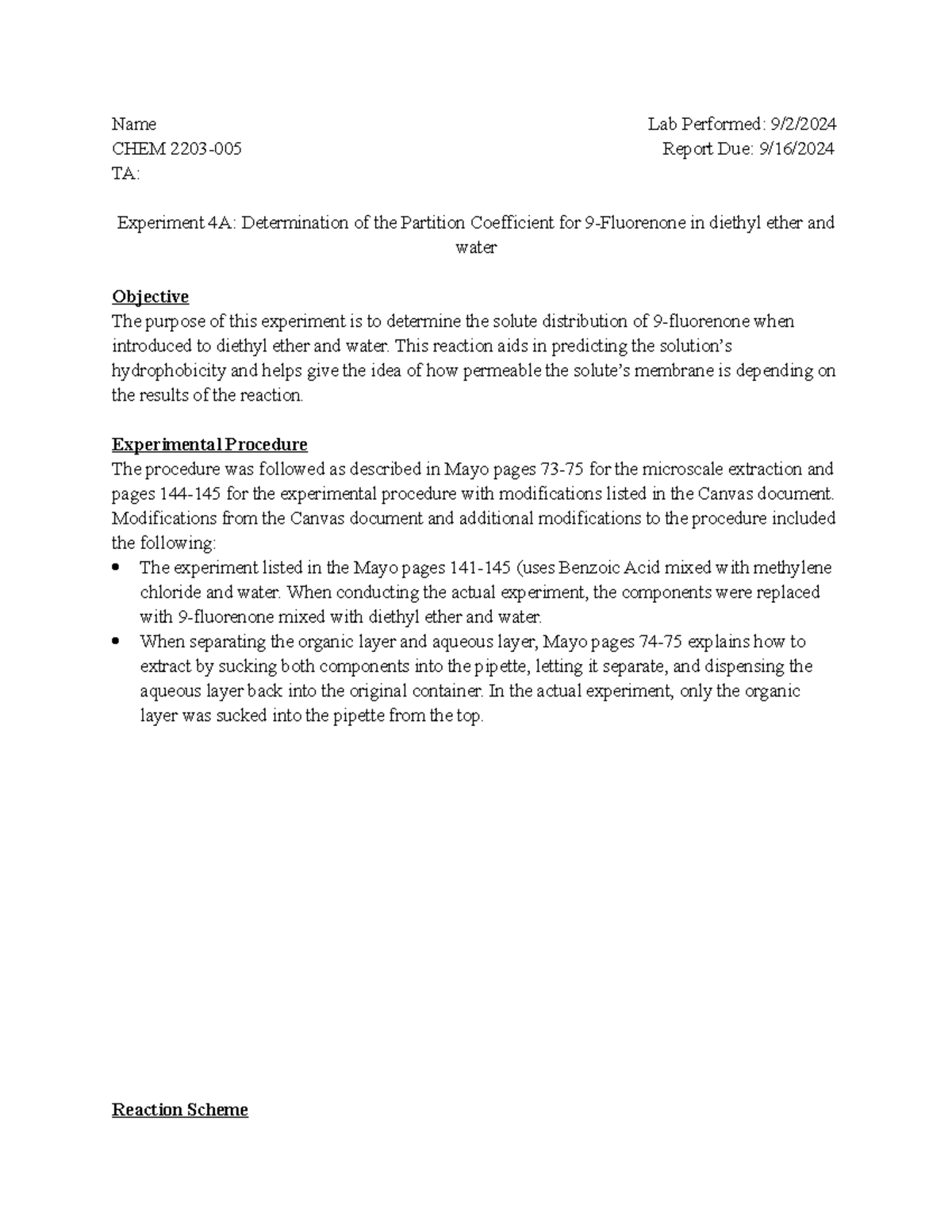 Experiment 4A - Partition Coefficient - Name Lab Performed: 9/2/ CHEM 2203-005 Report Due: 9/16 ...