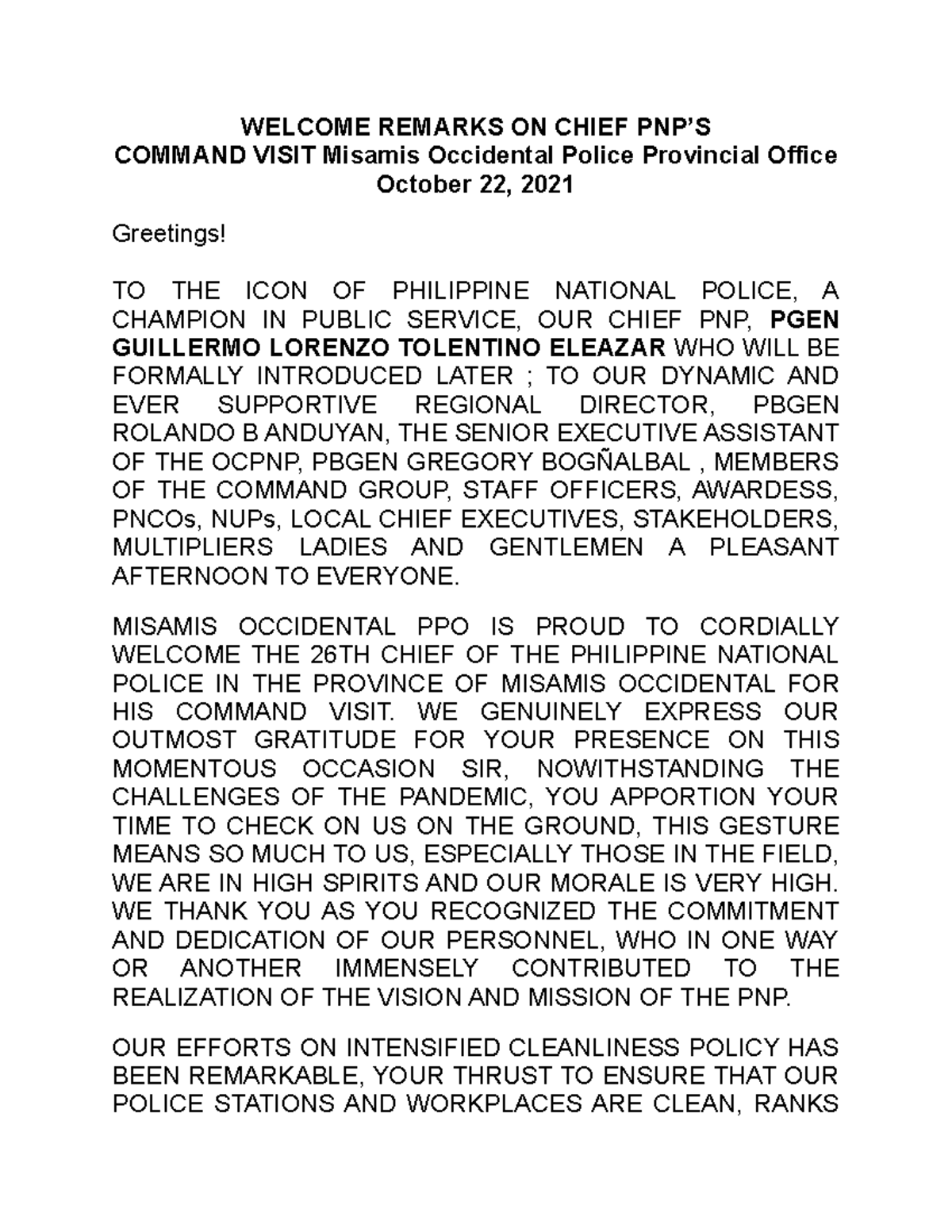 Welcome Remarks for Chief PNP's Command Visit - Misamis Occ. - Studocu