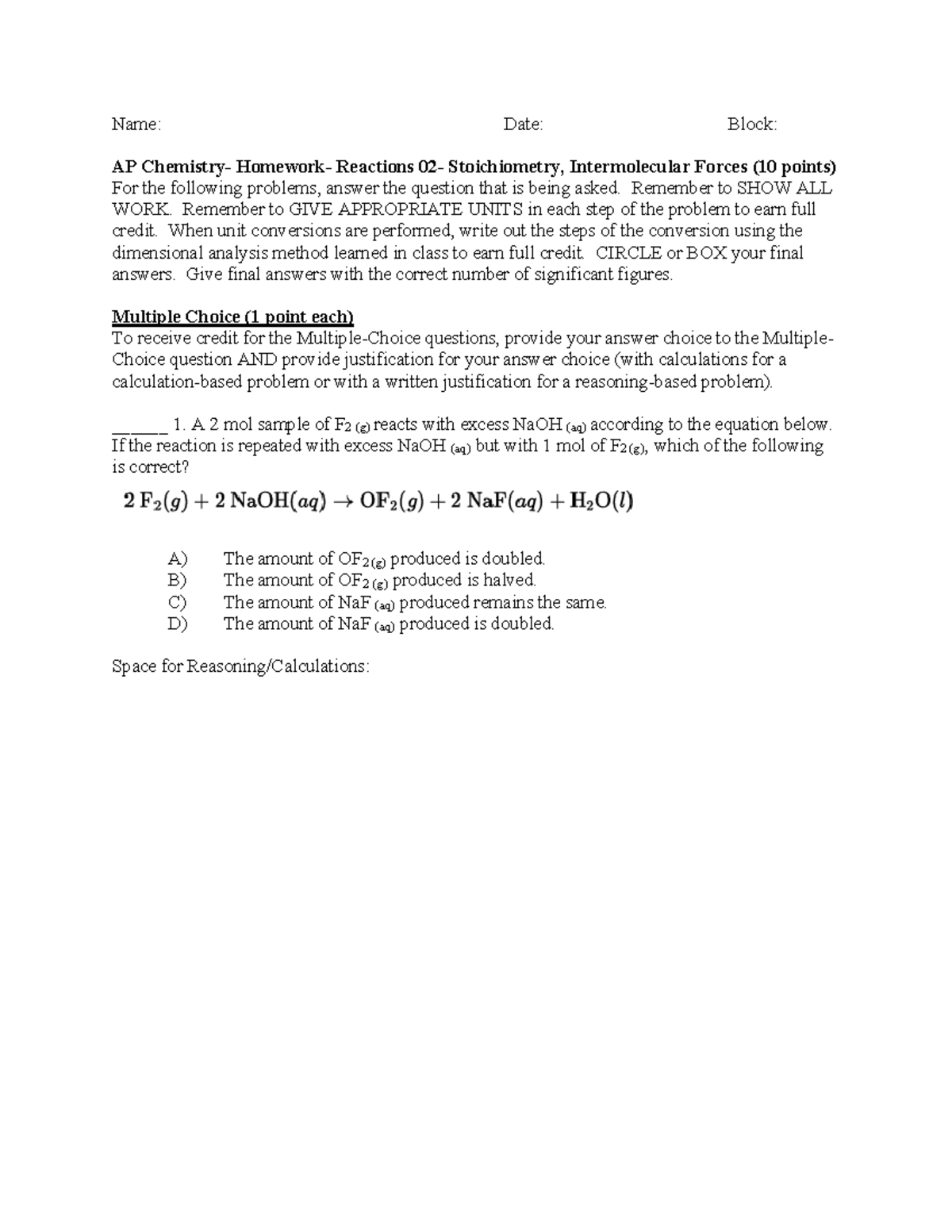 AP Chemistry HW: Reactions, Stoichiometry & Intermolecular Forces - Studocu