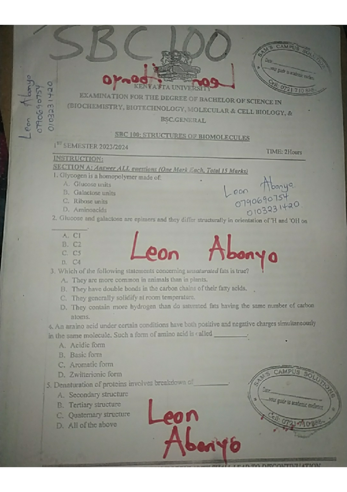 SBC 100 Final Exam Past Papers - Structures of Biomolecules I - Studocu