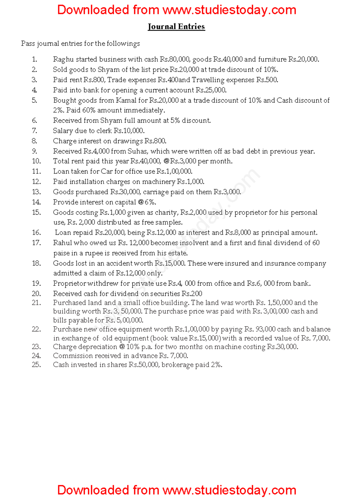 CBSE Class 11 Accountancy Journal Entries Practice Worksheet - Studocu