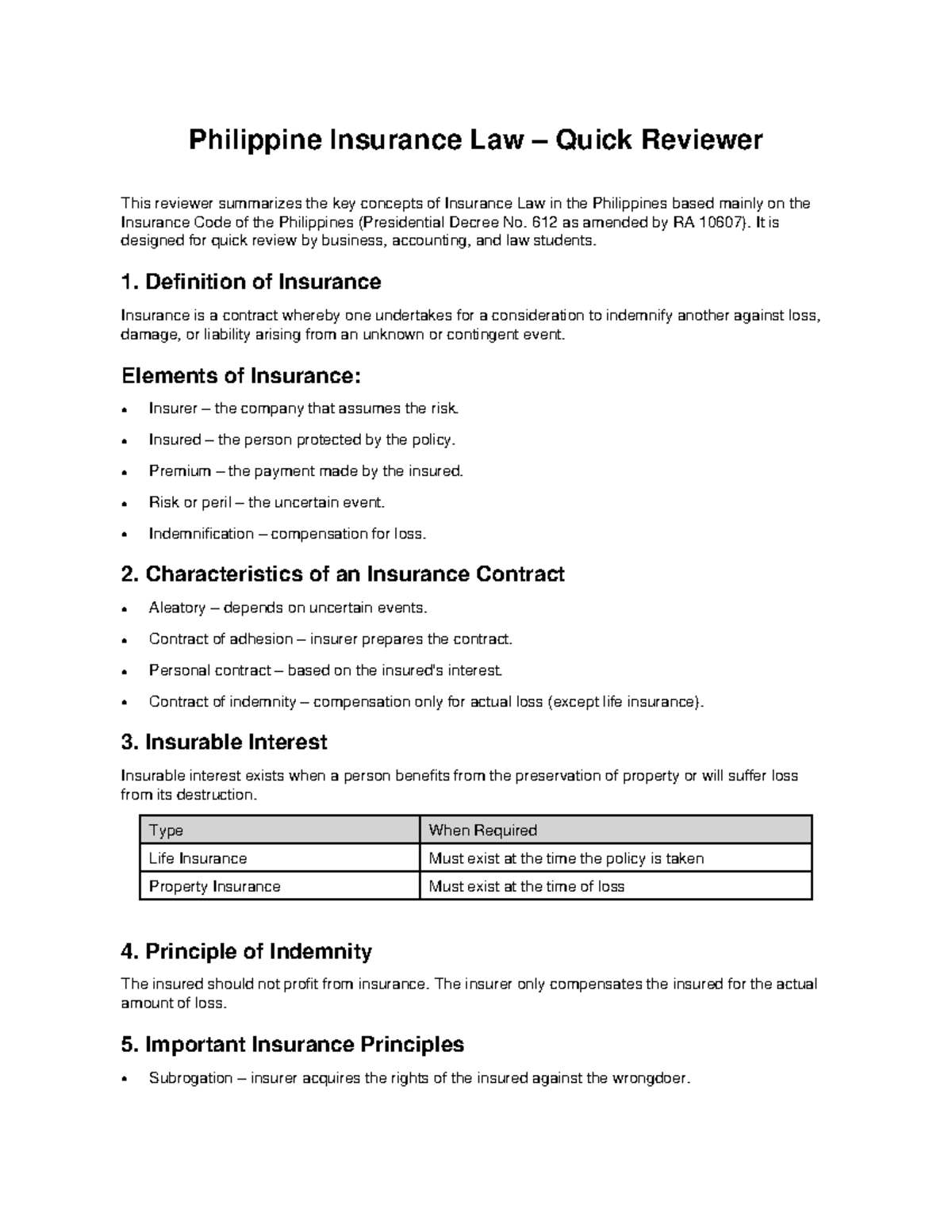 Philippine Insurance Law Quick Reviewer: Key Concepts & Principles ...