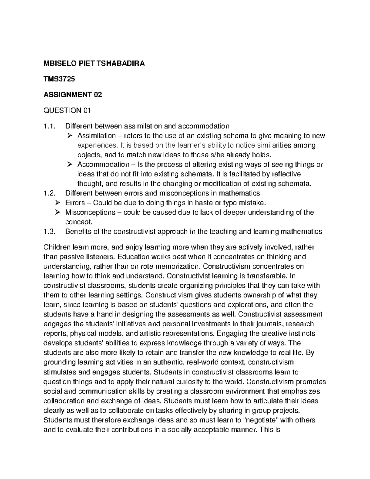 TMS3725 Assignment 02: Understanding Constructivism in Math Education ...
