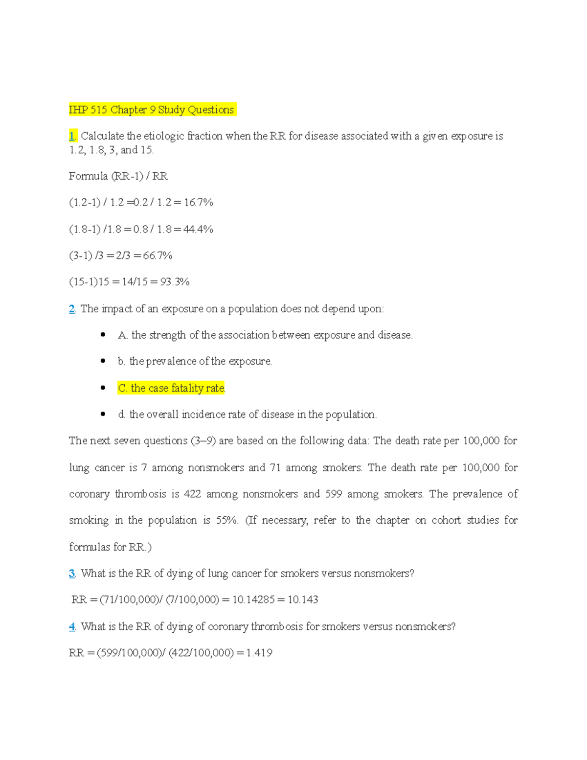 IHP 515 Chapter 9 Study Questions and Answers on Etiologic Fractions ...