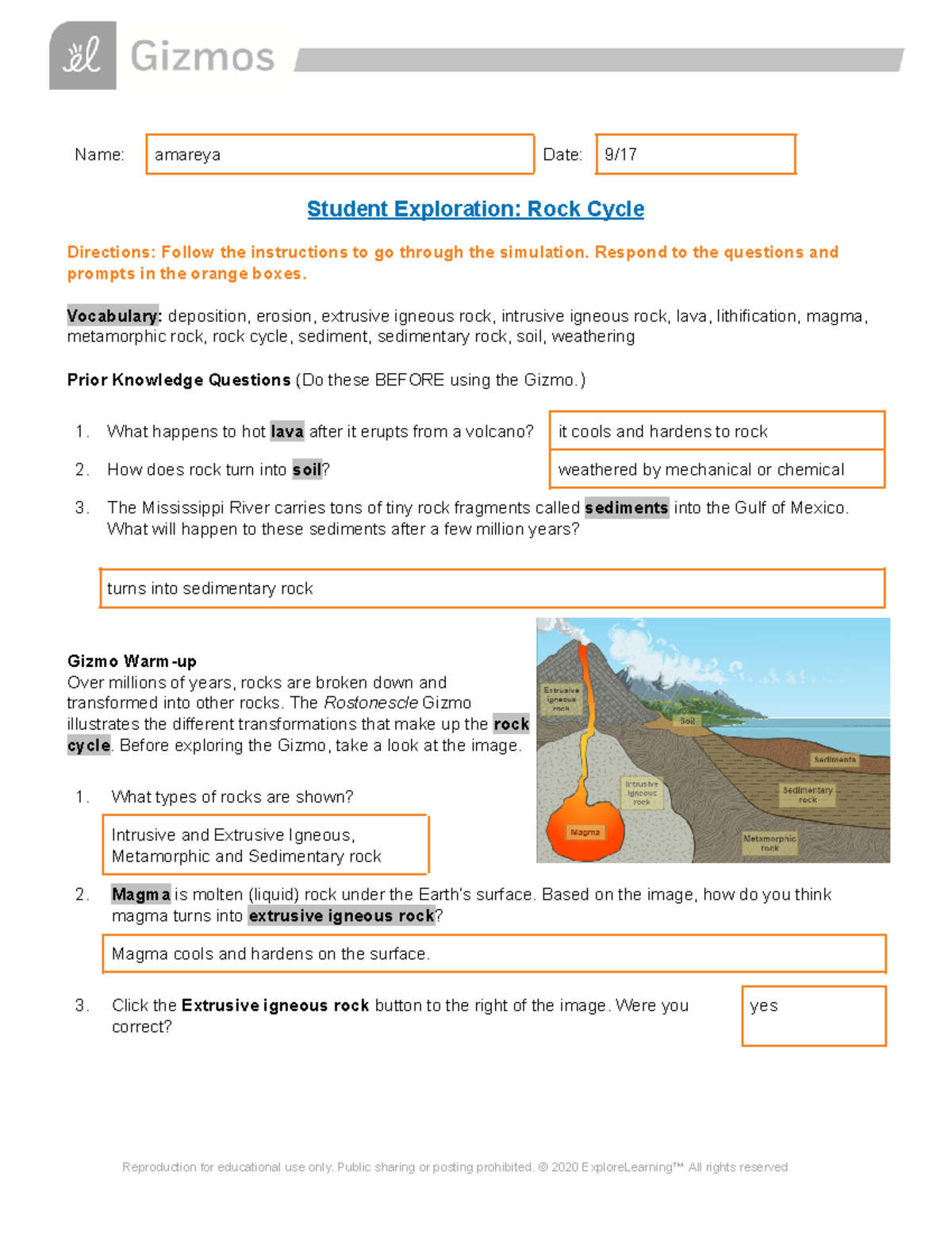 Copy of Rock Cycle SE - Name: amareya Date: 9/ Student Exploration ...
