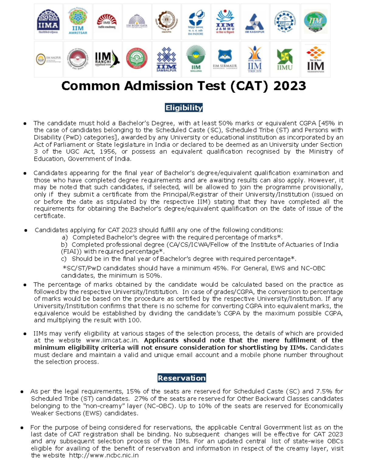 CAT 2023 Eligibility Criteria for Admission - Studocu