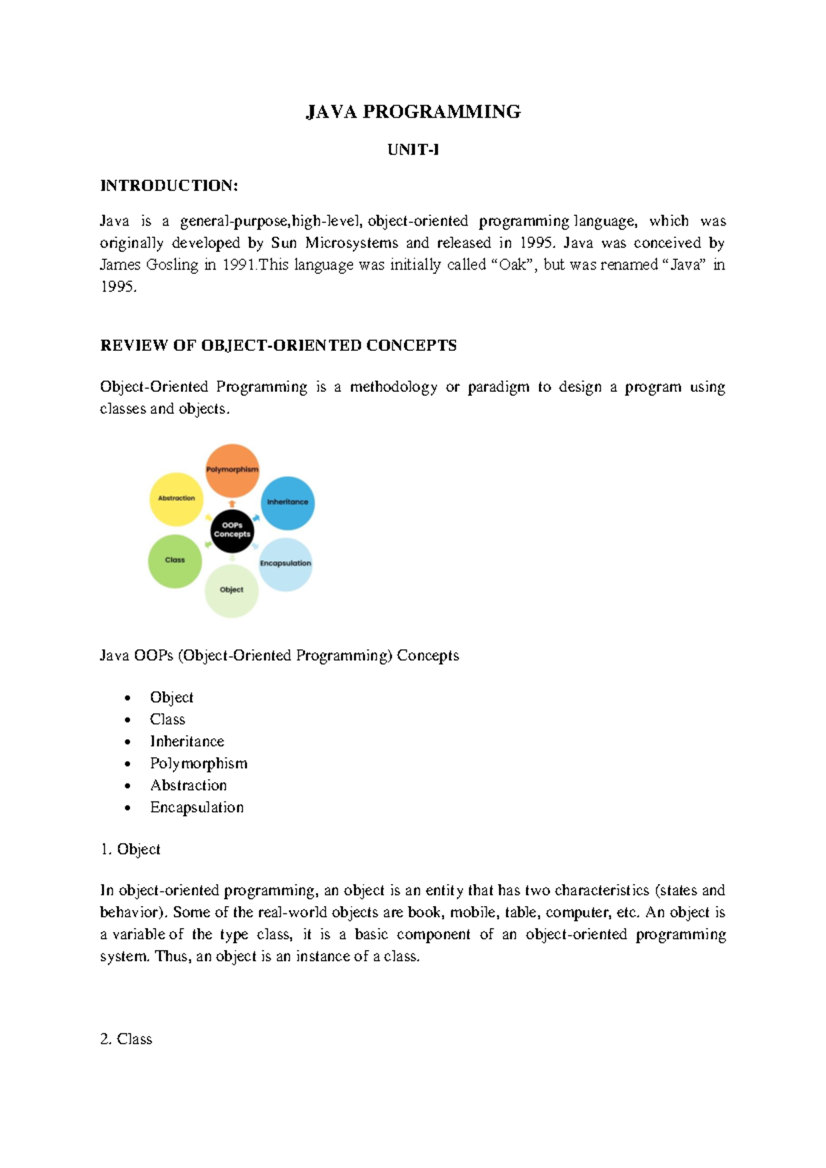 JAVA Programming Units 1-5: Introduction to OOP Concepts and JVM - Studocu