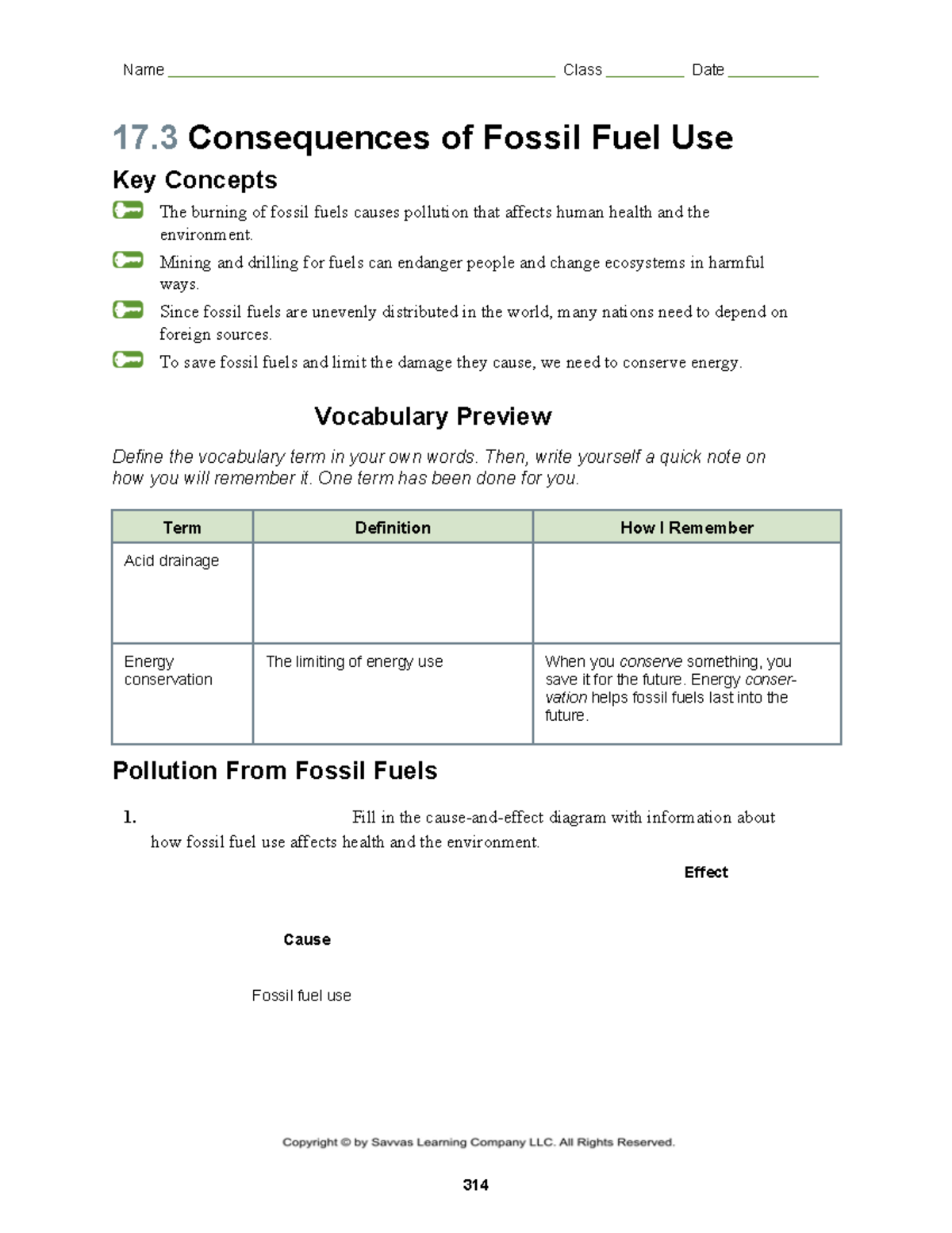 Lesson 17.3 Worksheets on Fossil Fuel Use Consequences and Conservation ...