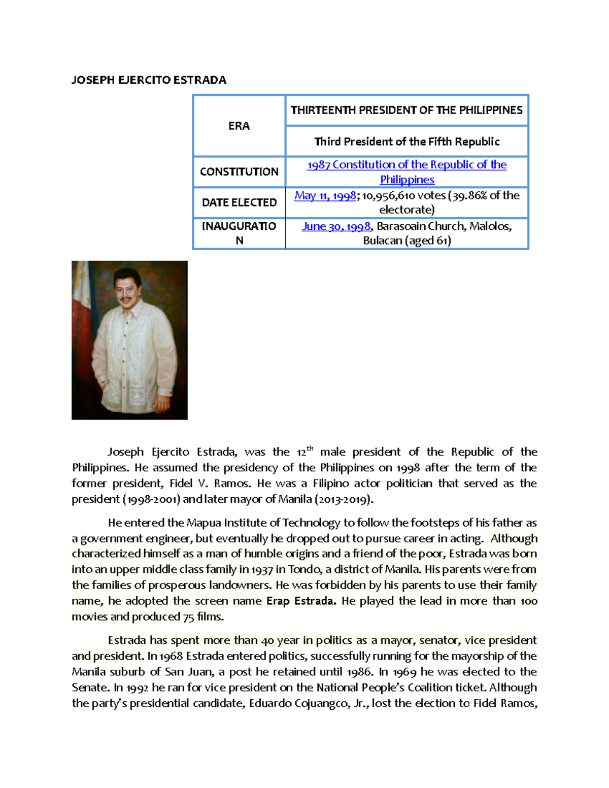 Joseph Ejercito Estrada Talambuhay