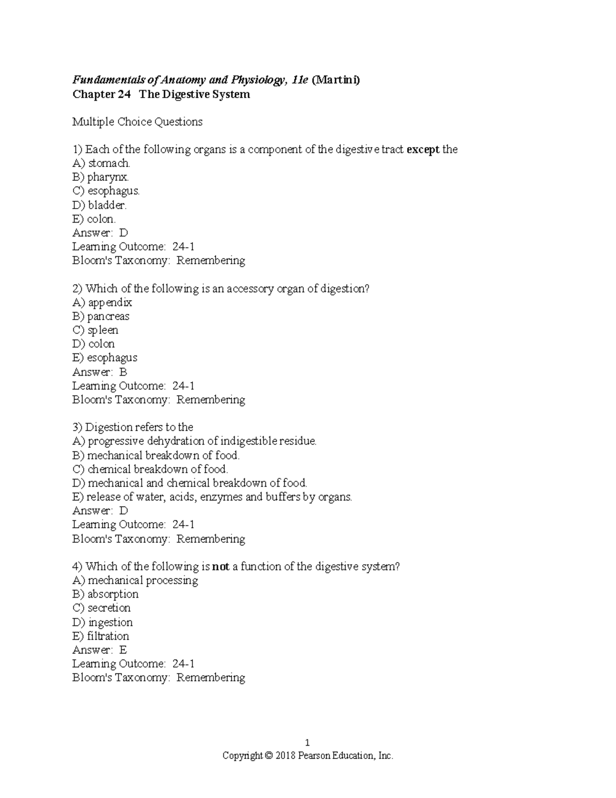 Chapter 24: Digestive System MCQ Review for Anatomy & Physiology - Studocu