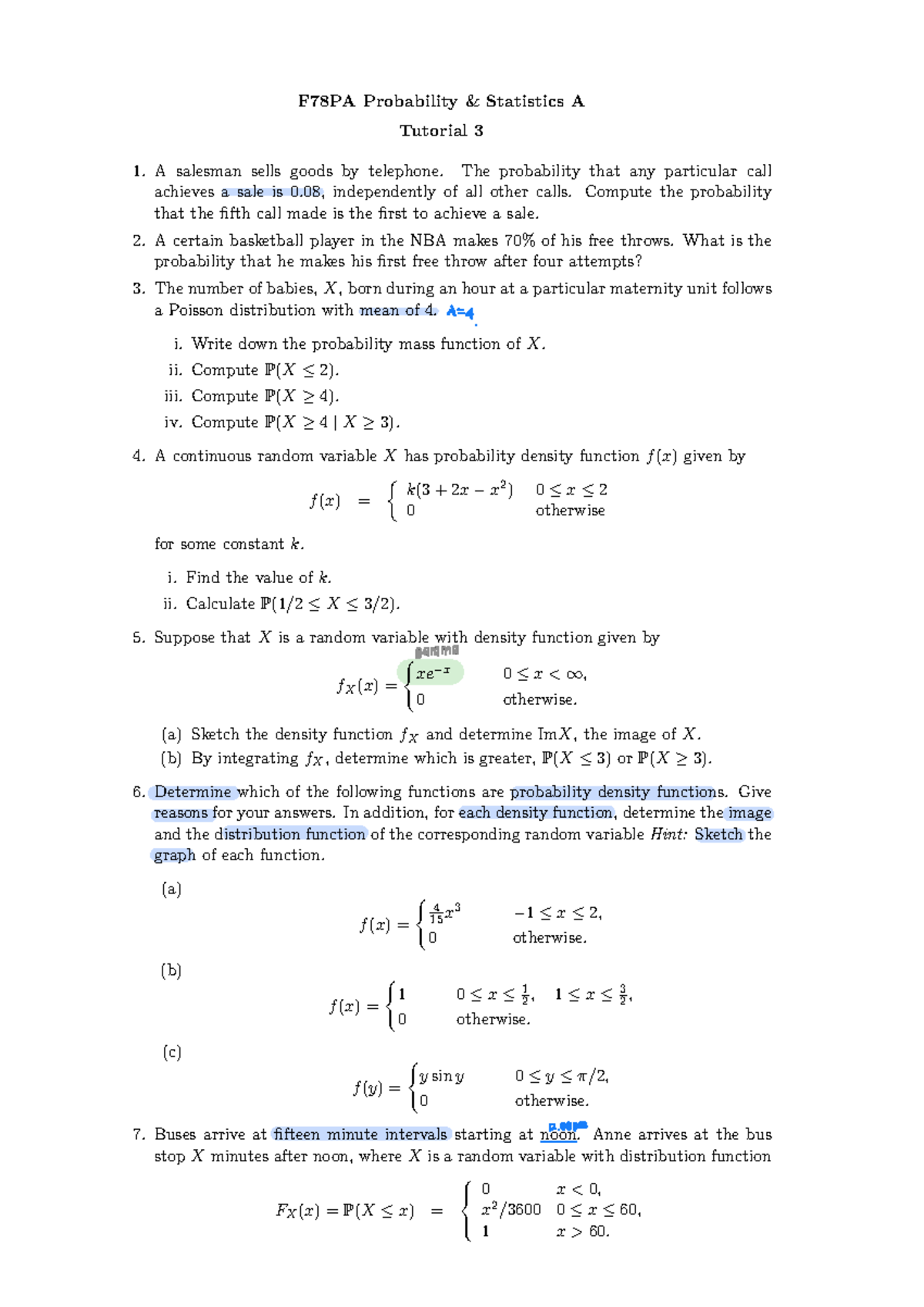 F78PA Probability & Statistics Tutorial 3: Continuous Random Variables - Studocu