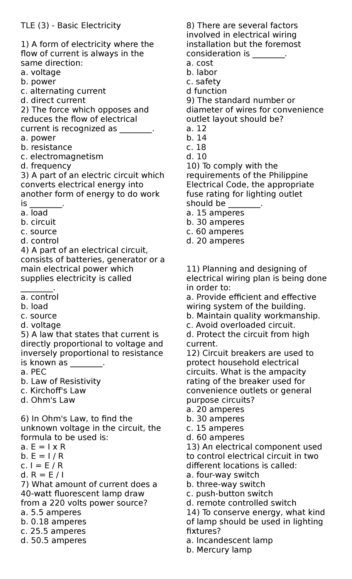 TLE 3 - Major Test Set 010: Basic Electricity Questions & Answers - Studocu