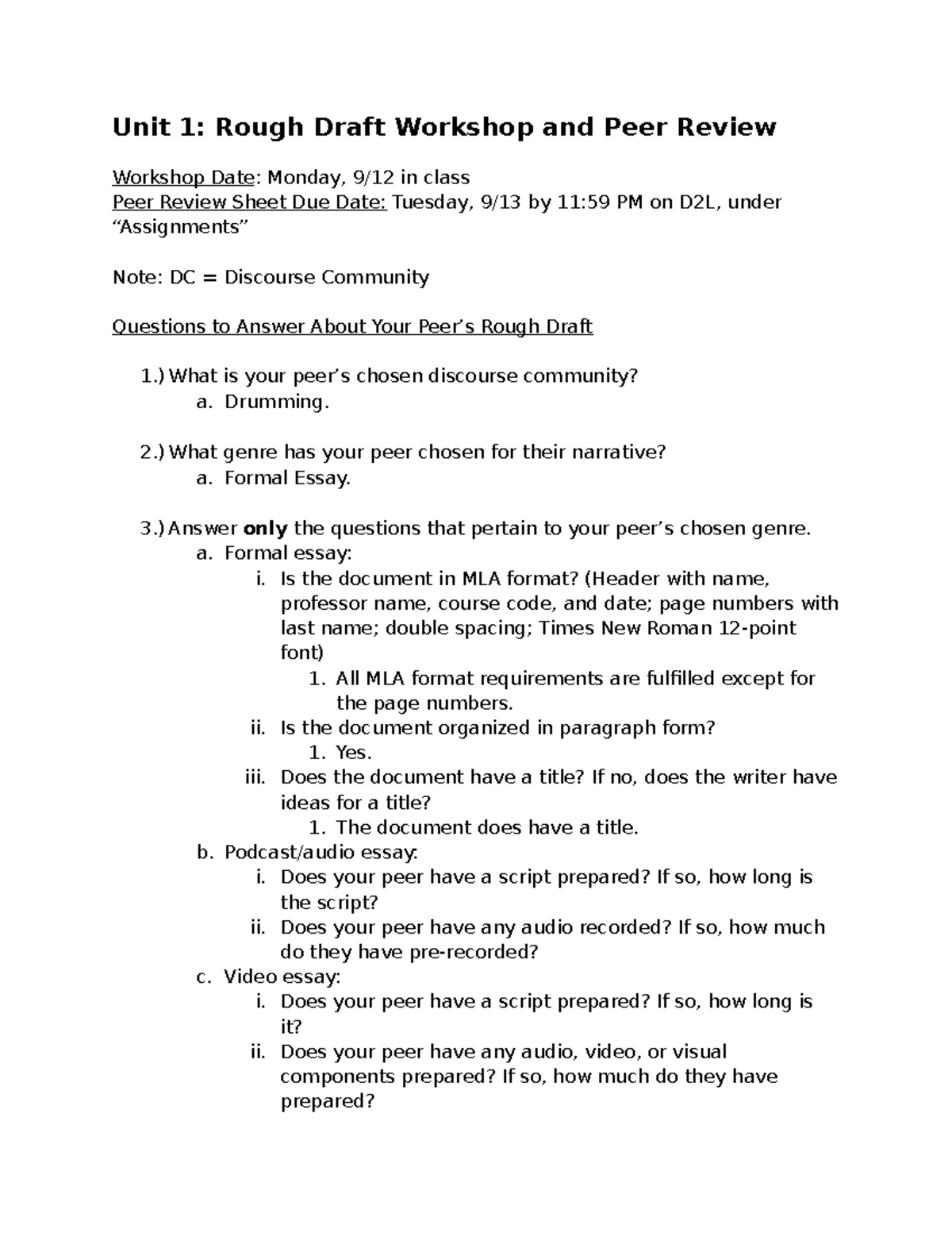 Peer Review Sheet for Rough Draft Workshop - Unit 1: Rough Draft ...