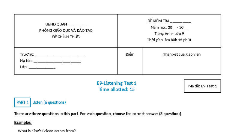 E9-Listening Test 1 - Official Exam Paper for Class 9 - Studocu