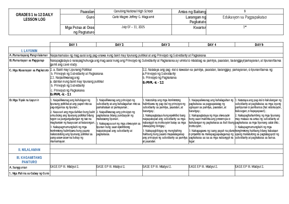DLL Week 3 - Lesson Plan in Values (EsP9PL) - Studocu