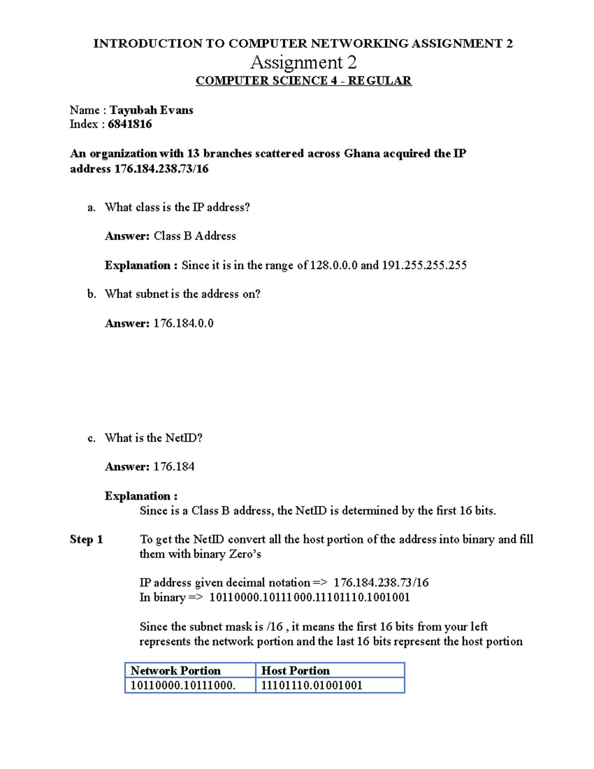 Network Assignment 2 - INTRODUCTION TO COMPUTER NETWORKING ASSIGNMENT 2 Assignment 2 COMPUTER ...