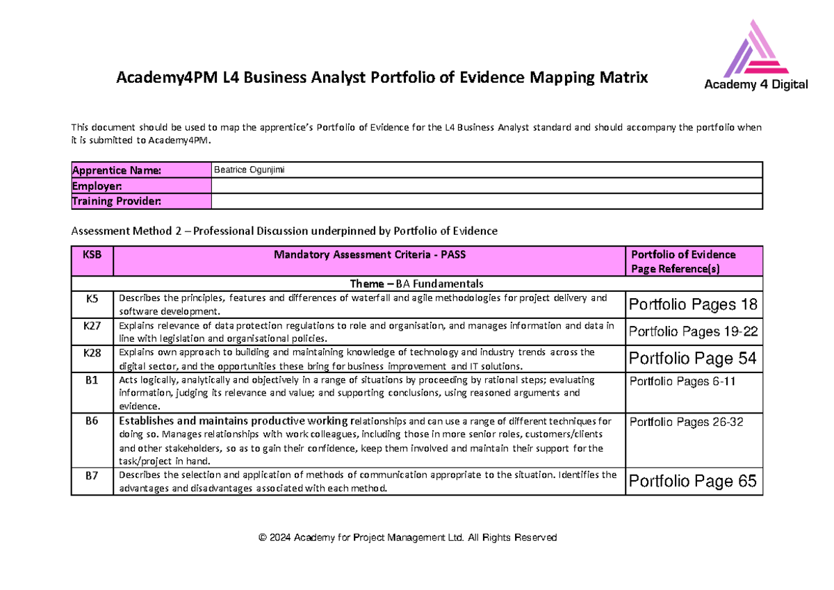 Academy4PM L4 Business Analyst Portfolio Evidence Mapping Matrix - Studocu