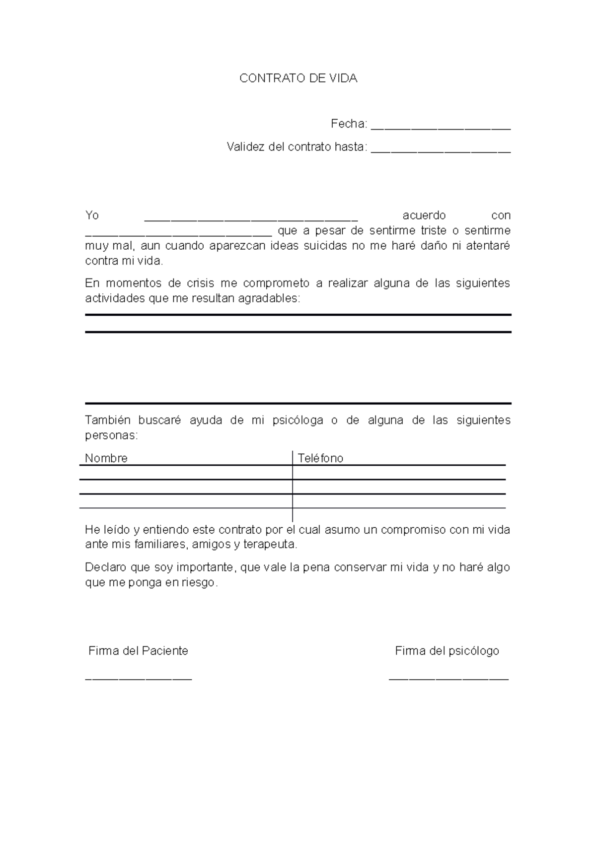 Contrato de Vida: Ejemplo de Compromiso Personal y Apoyo - Studocu