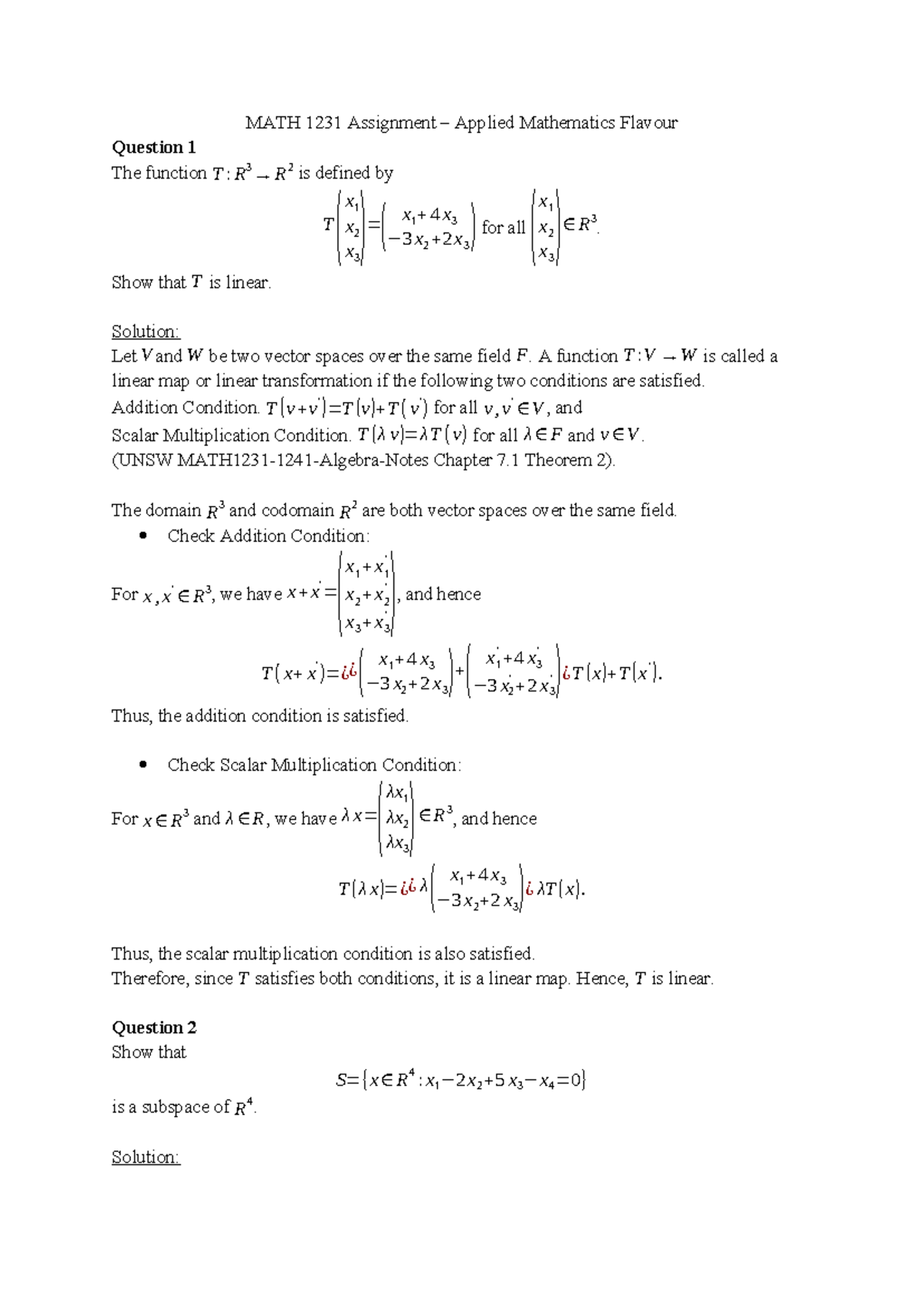 MATH 1231 Assignment: Linear Transformations & Subspaces Analysis - Studocu