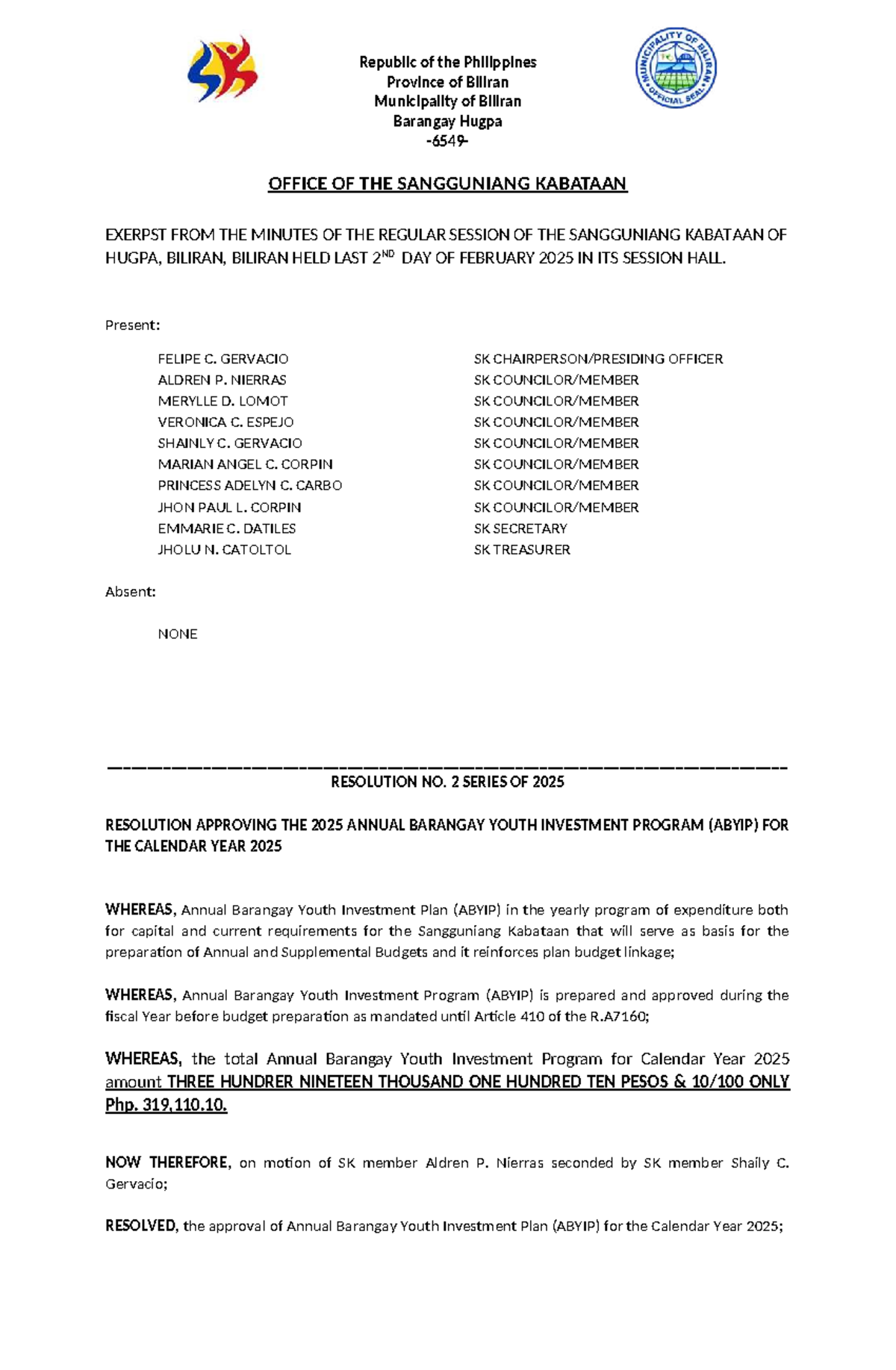 Resolution No. 2: Approval of 2025 AIP for Sangguniang Kabataan - Studocu