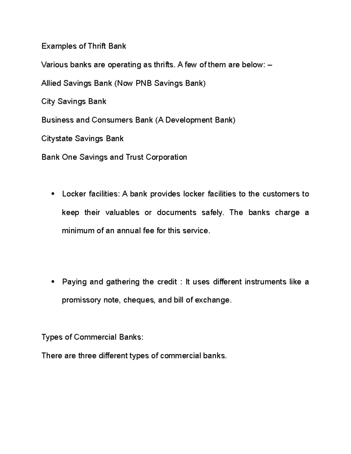 Function of Banks IV - Examples of Thrift Bank Various banks are ...