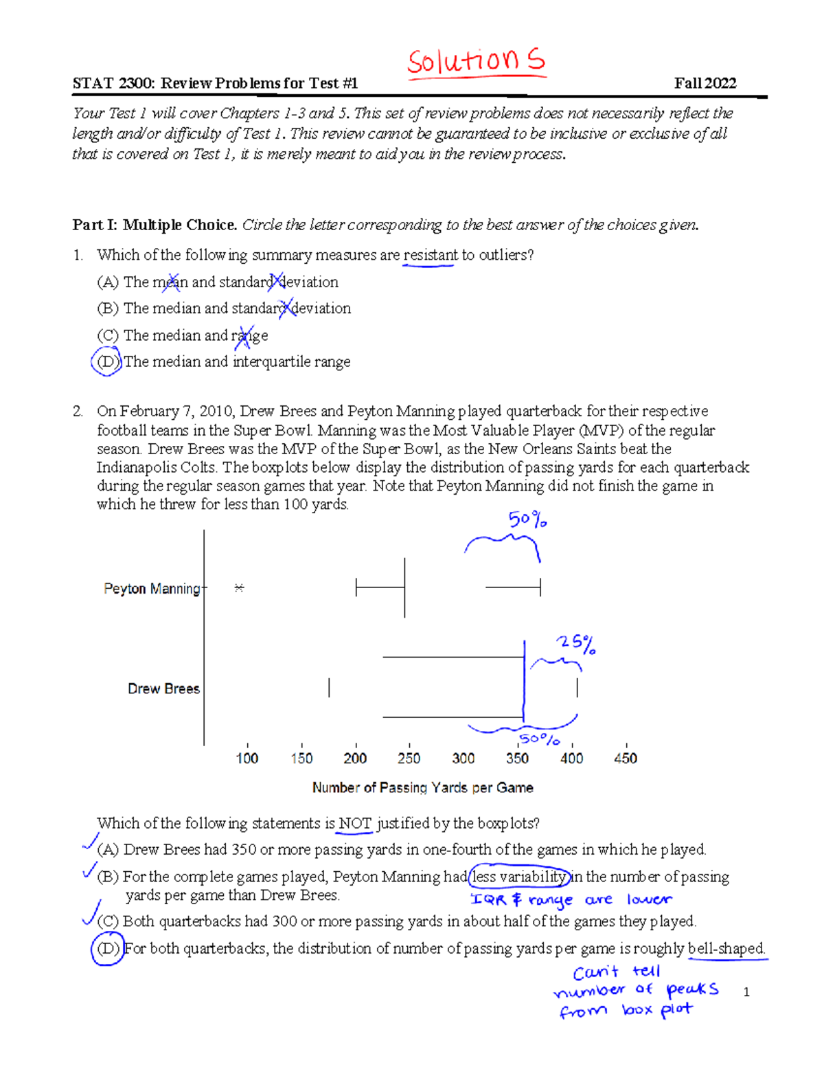 STAT 2300 Test 1 Review Solutions for Fall 2022 Exam - Studocu