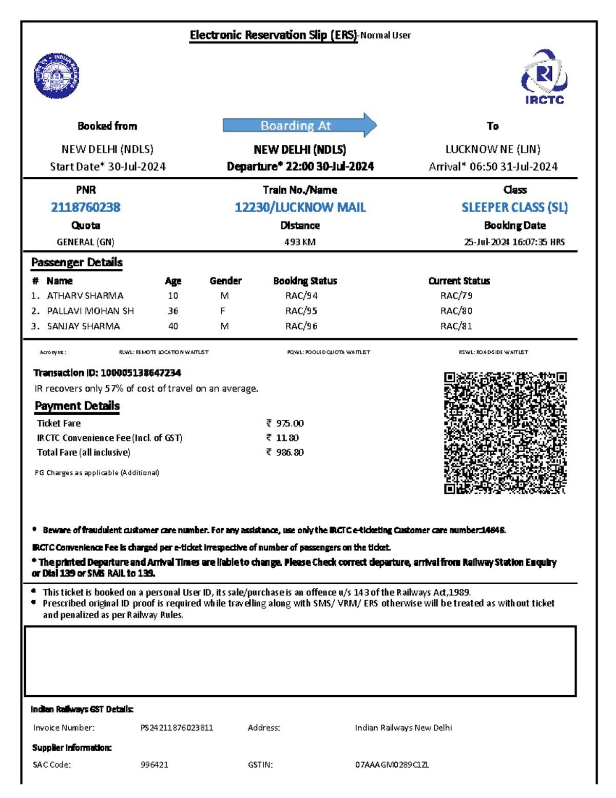 PNR 2118760238: Electronic Reservation Slip for Train Booking - Studocu