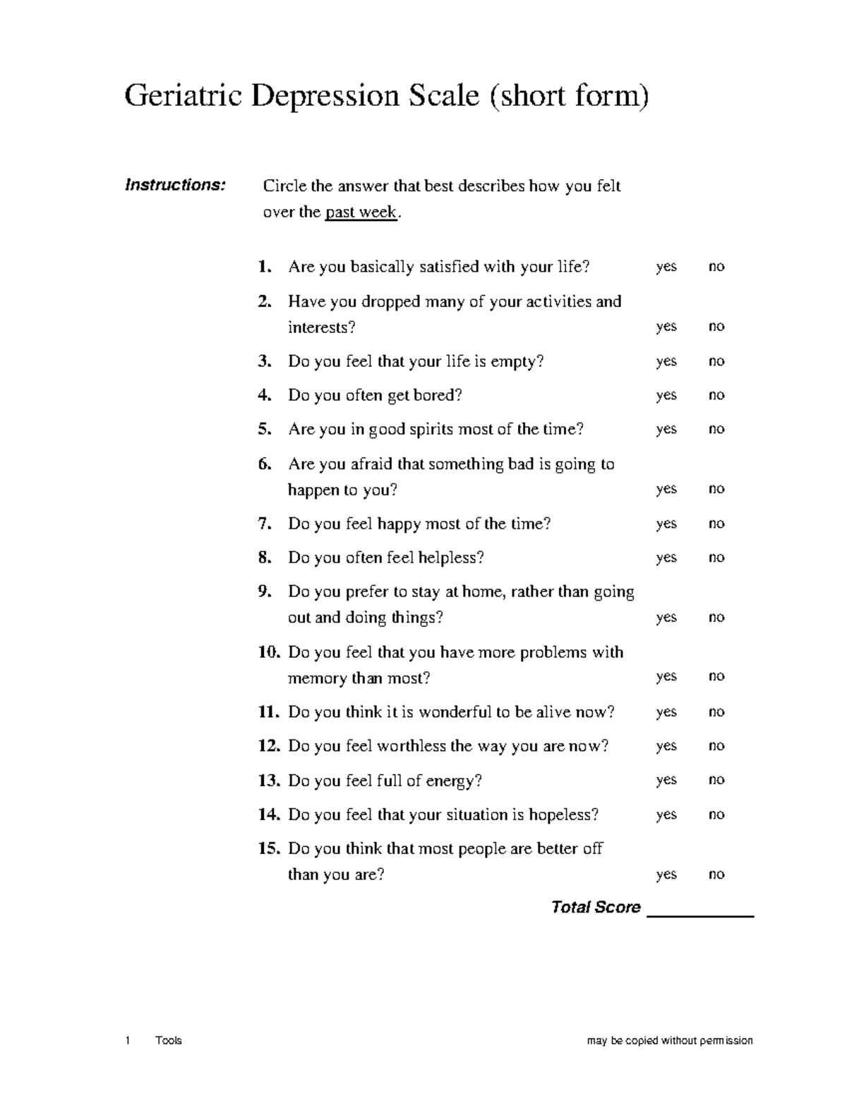 GDS Short FORM - psych - Geriatric Depression Scale (short form) 1 ...