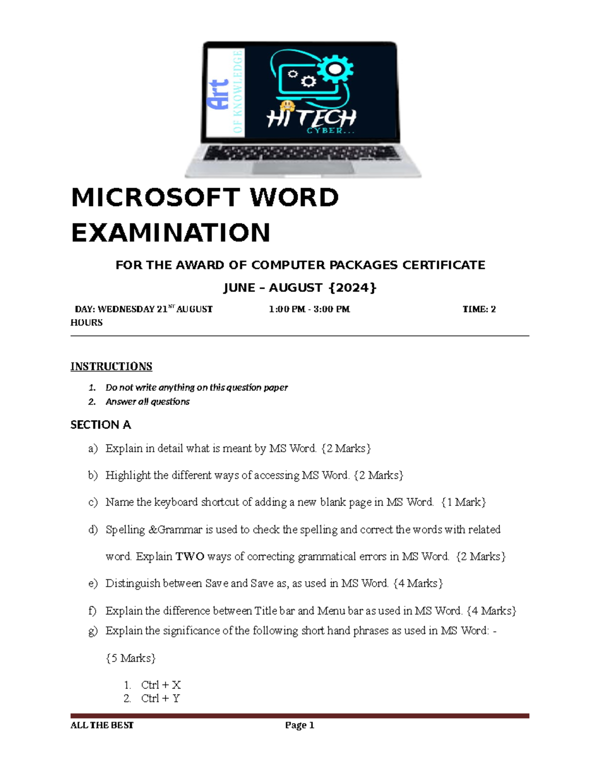 COMP 101: MS Word Exam - August 2024 - Computer Packages Certificate - Studocu
