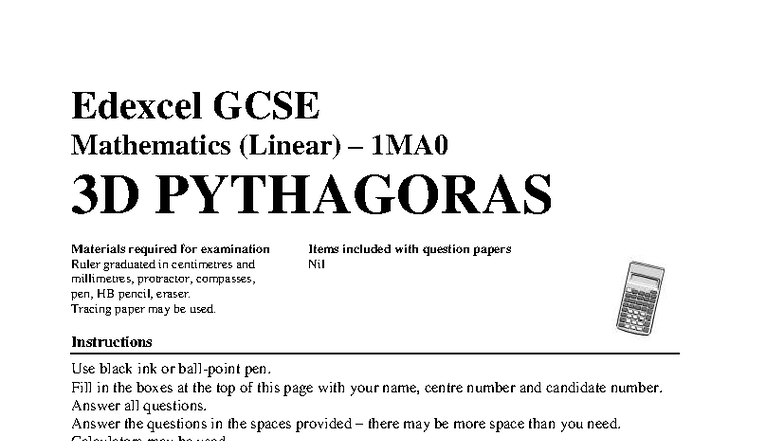 Edexcel GCSE Maths 1MA0 3D Pythagoras Exam Materials & Instructions ...