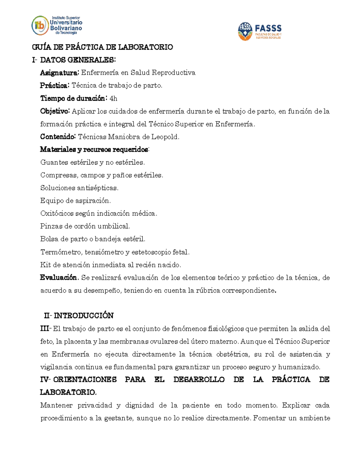 GUÍA DE PRÁCTICA DE LABORATORIO ENFERMERÍA: Trabajo de Parto - Studocu